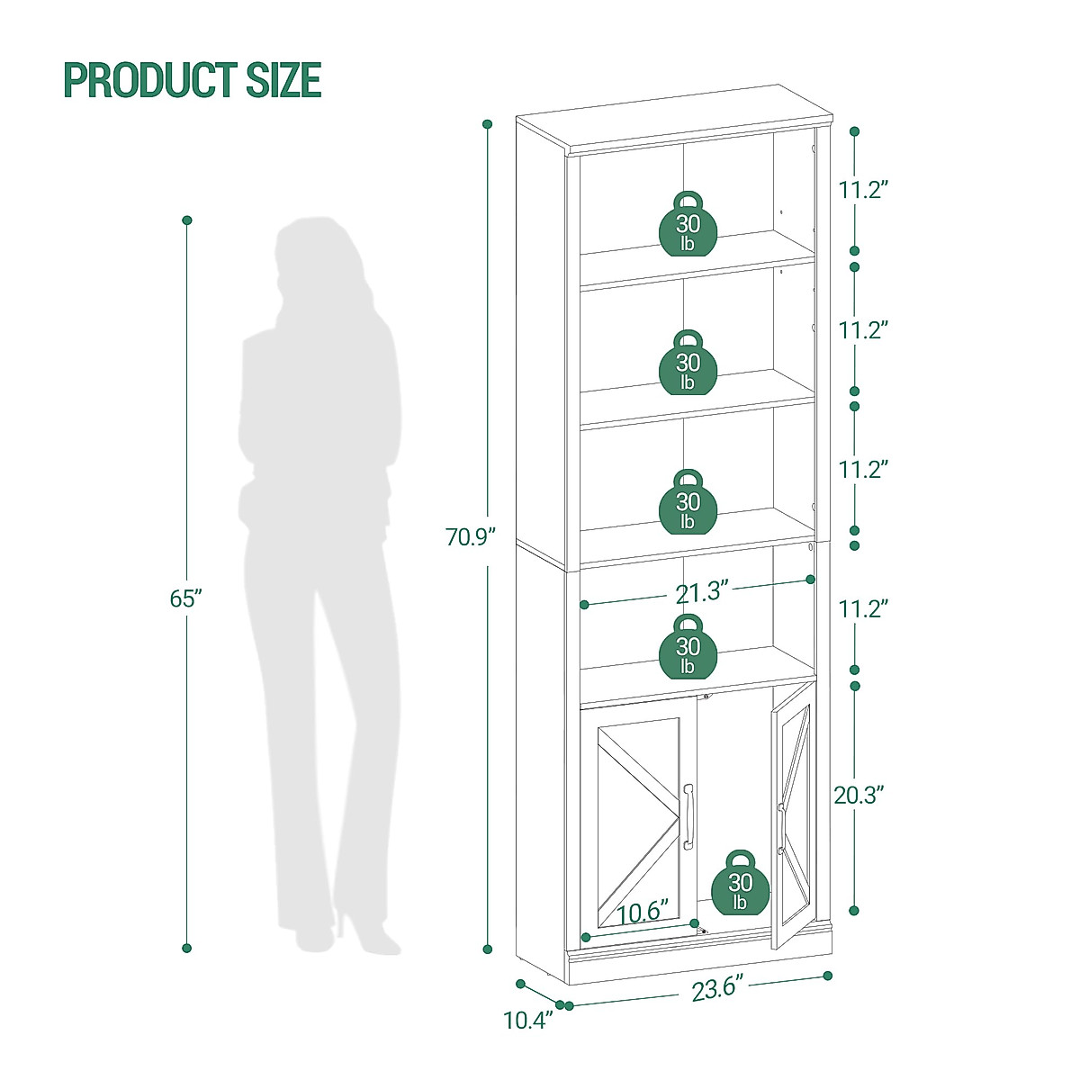 Hzuaneri 5 Tier Bookshelf Bookcase with Cabinet Doors, 70 in Tall Wooden Bookshelves, Display Storage Shelves, Floor Standing Book Shelf Furniture for Home Office, Living Room, Bedroom, Black BC20104X