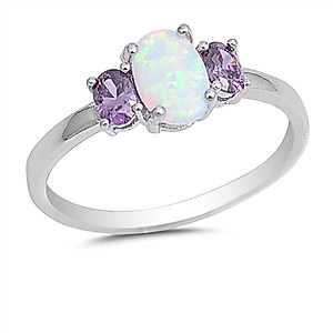 Simulated Amethyst White Simulated Opal Fashion Ring New .925 Sterling Silver Band Size 8