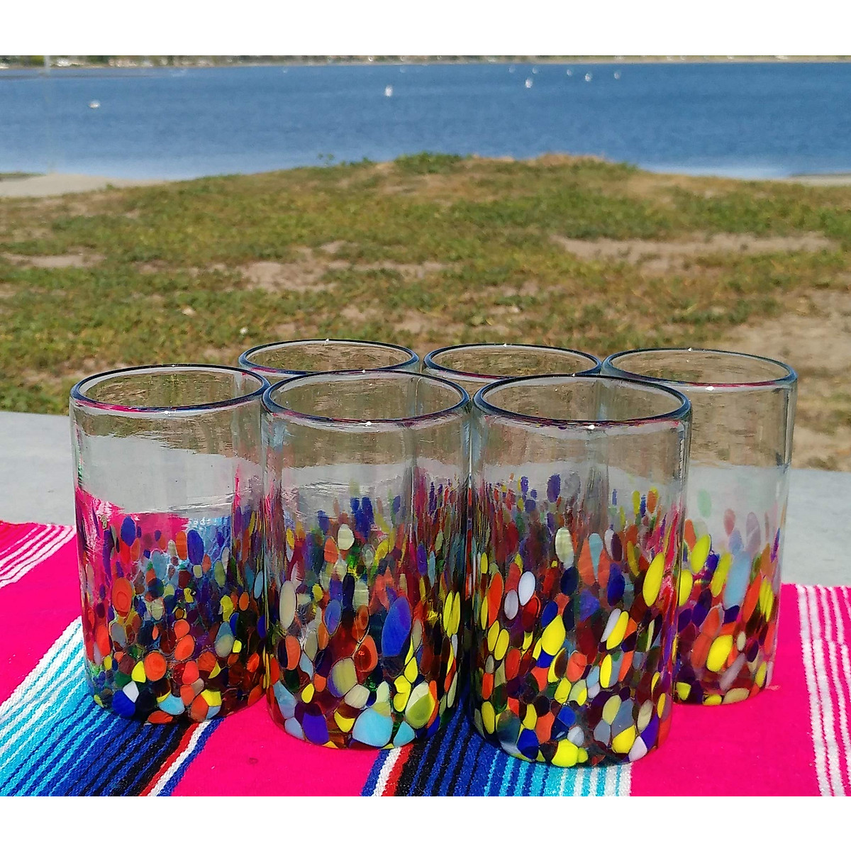 Hand Blown Mexican Drinking Glasses – Set of 6 Confetti Carmen Design Glasses (14 oz each)