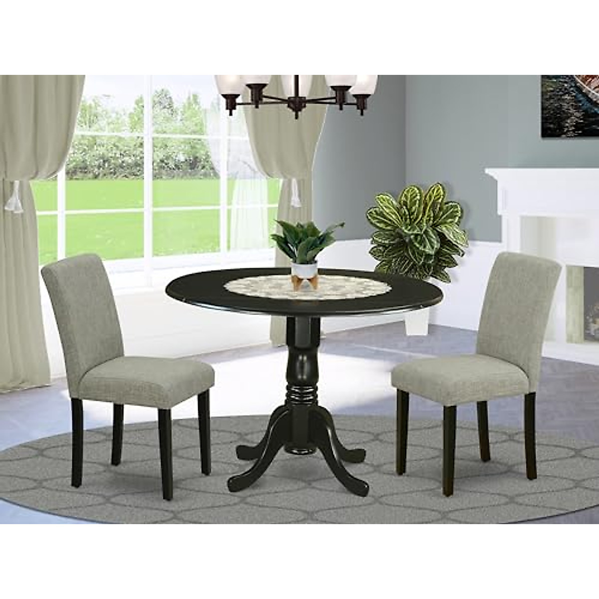 East West Furniture DLAB3-BLK-06 3 Piece Dinette Set for Small Spaces Contains a Round Dining Table with Dropleaf and 2 Shitake Linen Fabric Upholstered Chairs, 42x42 Inch, Black