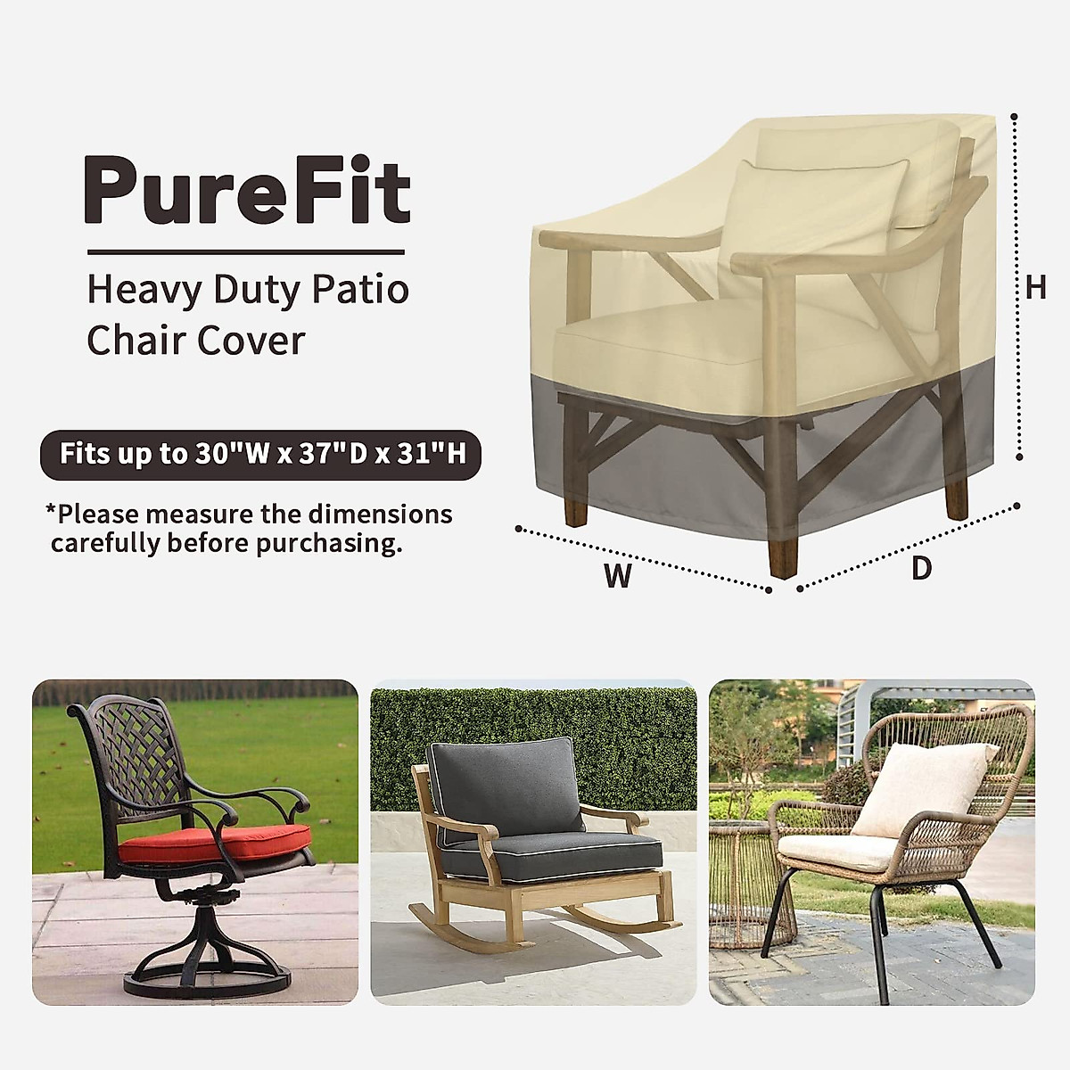 PureFit Outdoor Chair Covers Waterproof Patio Chair Cover, Heavy Duty Lounge Deep Seat Cover for Outdoor Furniture, Lawn, Deck, and Backyard, Anti-fade & Tear Resistant, 28"W x 30"D x 31"H