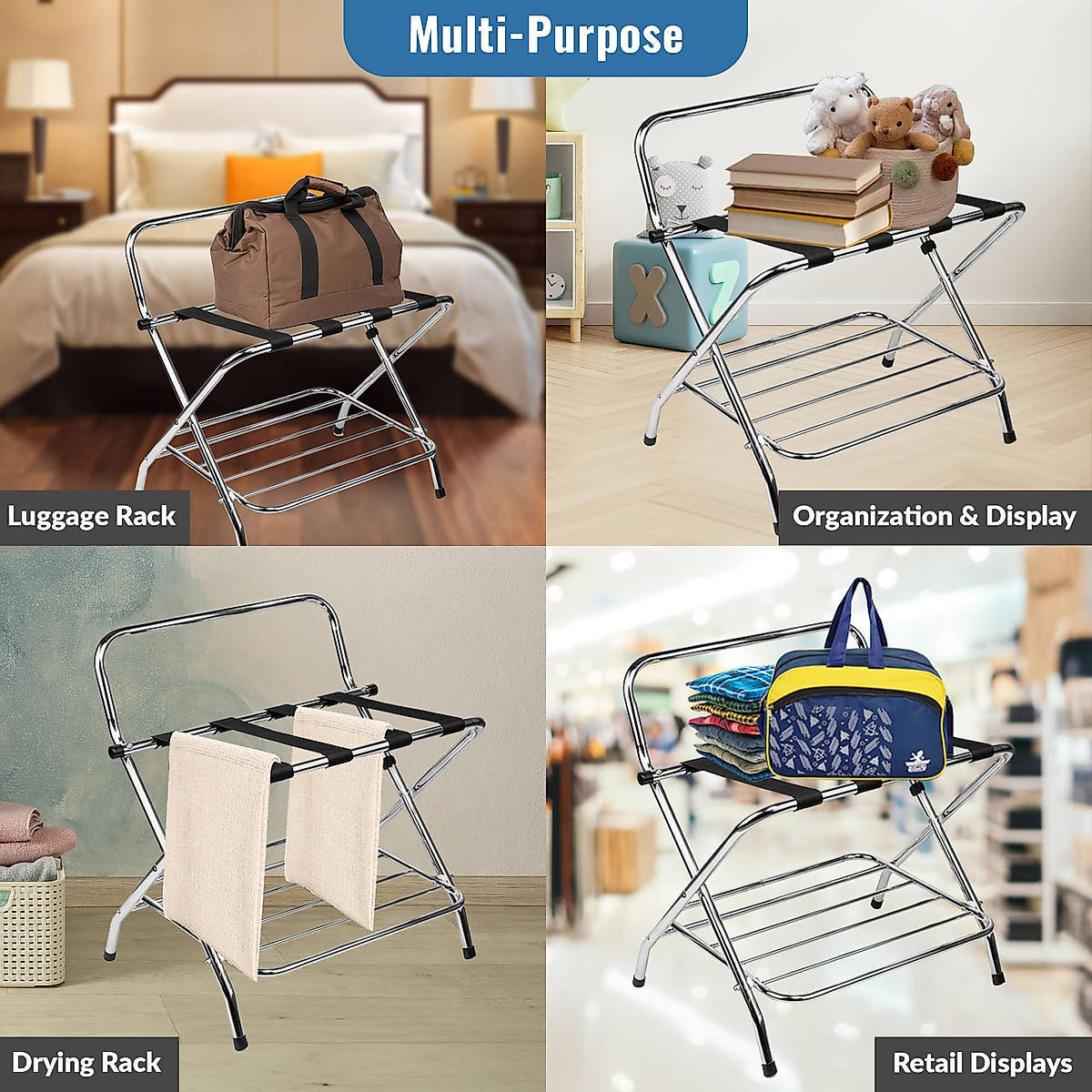 Foldable Luggage Rack, Metal Suitcase Stand for Guest Room, Heavy Duty Luggage Rack for Bedrooms, Hotels, Travel | Folding Luggage Racks for Suitcases and Storage (Double Rack High Back (DIY), Pack of 2)