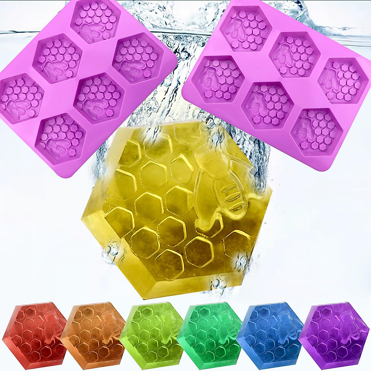 SIQINZONGWA 2 Pack Honeybee Soap Molds, 3D 6-cavity Bee Silicone Soap Molds, Hexagonal Bee Honeycomb Silicone Molds for Homemade Soaps, Beeswax, Resin, Bath Bomb, Jello, Chocolate and Dessert (Purple)