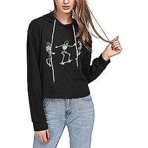 Remidoo Women's Casual Skull Print Long Sleeve Crop Top Hoodie Sweatshirt SK-Black Medium