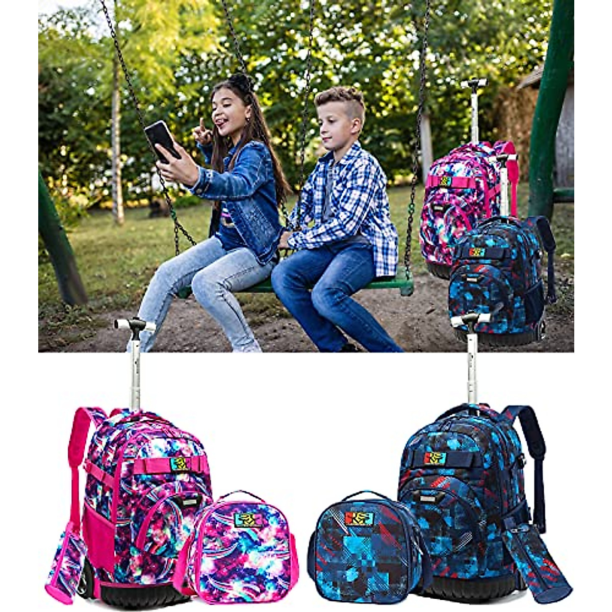 Egchescebo Kids 3PCS Rolling Backpack 18" for Boys with Lunch Bag Pencil Case School Bags Wheeled Backpack Travel Kids' Luggage Wheeled Bags Trolley Fashion Space Starry Sky Printed Durable Bookbag with Big Wheels Blue