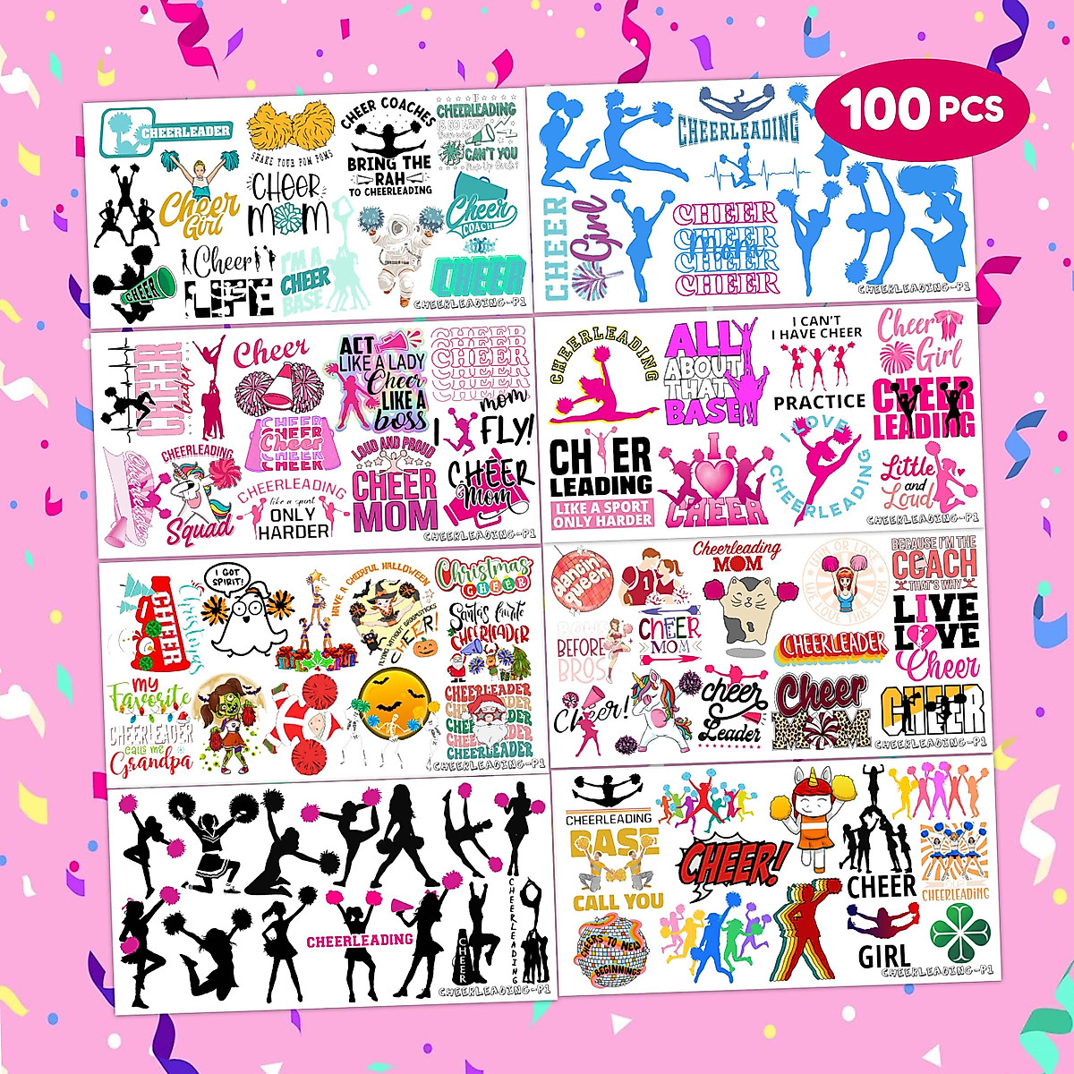 96 PCS Cheer Cheerleader Stickers Cheerleading Birthday Party Decorations Pom Pom Favors Supplies Team Spirit Tattoos Decor for Kids Boys Girls Gifts Classroom School Prizes Rewards