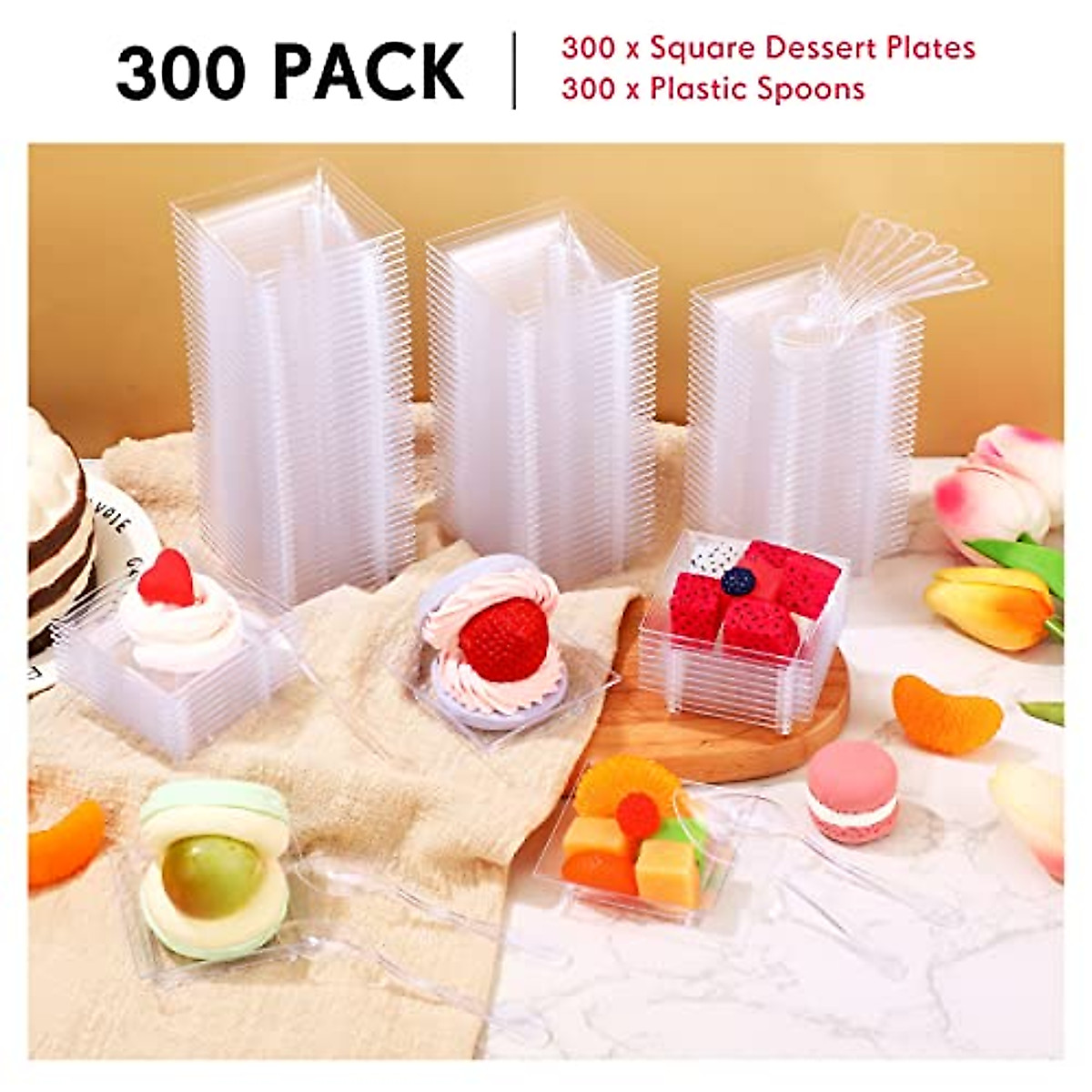 300 Pieces Mini Dessert Plates with 300 Tasting Spoons,1 oz Clear Appetizer Plates 2.4x2.4 Inch Disposable Plastic Cake Plates for Dessert Ice Cream Fruit Salad Cake Tastings Wedding Party Serving