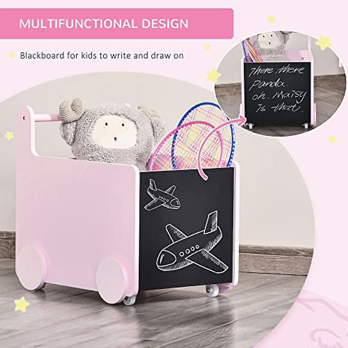 Qaba Kids' Storage Cabinet, Organizer for Books, Crafts, Rollable Toy Chest Safely Transport Bookshelf with Included Wheels, Clean Play Room, Pink