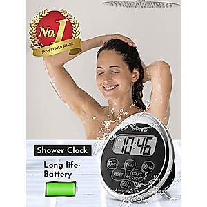 dretec Digital Timer Water Proof Shower Timer Shower Clock Bathroom Kitchen Timer Magnetic Backing Silver Black Officially Tested in Japan (1starter Lithium Battery Included)