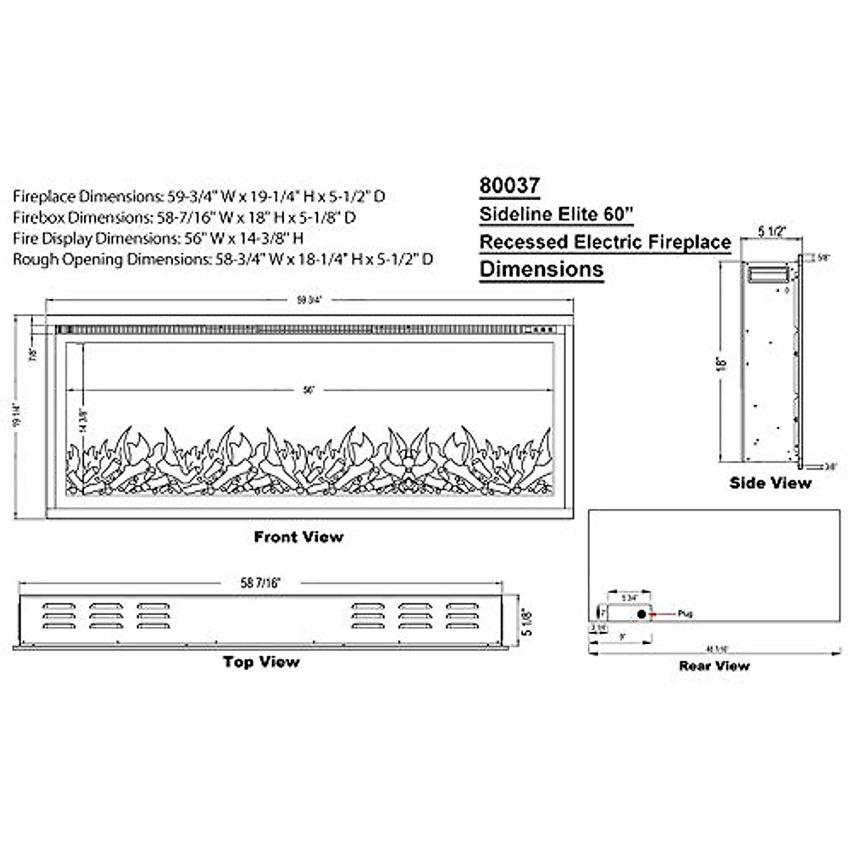Touchstone Sideline Elite Smart 60” WiFi-Enabled Electric Fireplace - in-Wall Recessed - 60 Color Combinations - 1500/750 Watt Heater (68-88°F Thermostat) - Black - Log, Crystals & Driftwood - 80037