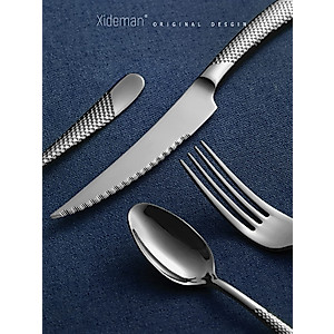 Xideman Innovative Ultra-Sharp 2-IN-1 Serrated Forged Knife For Dinner and Steak. 6 Piece High carbon Stainless Steel Steak Knife Sets, 9.14" Hammered Solid Handle Dinner Knives. (Silver Gold)