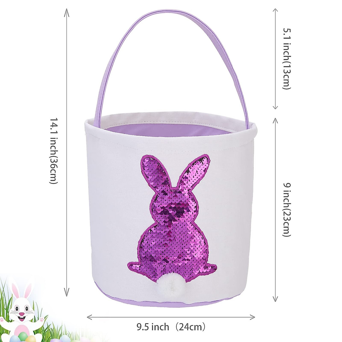 Zhuqing Easter Bunny Basket Bags, 2 Pack Bunny Bags with Fluffy Tail for Kids Boys Girls, Carrying Gift and Easter Eggs Hunt Bag, Printed Rabbit Canvas Toys Bucket Tote (Pink & Purple)