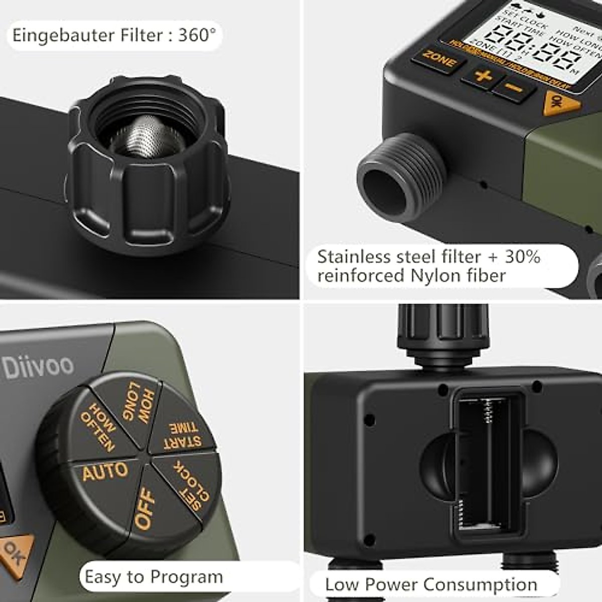 Sprinkler Timer 2 Zone, Diivoo Programmable Water Hose Timer 2 Outlet for Garden, Automatic Irrigation Timer IP54 with Rain Delay/Manual/Auto Mode, Outdoor Hose Timer Controller for Lawn, Yard, Pool