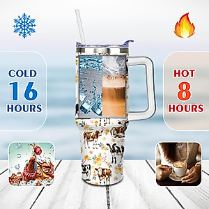 thmasamwr Cow Print Tumbler with Lid and Straw, Stainless Steel 40oz Tumbler with Handle, Cow Print Travel Coffee Mug Water Bottle, Highland Cow Gifts Cups for Women and Girls