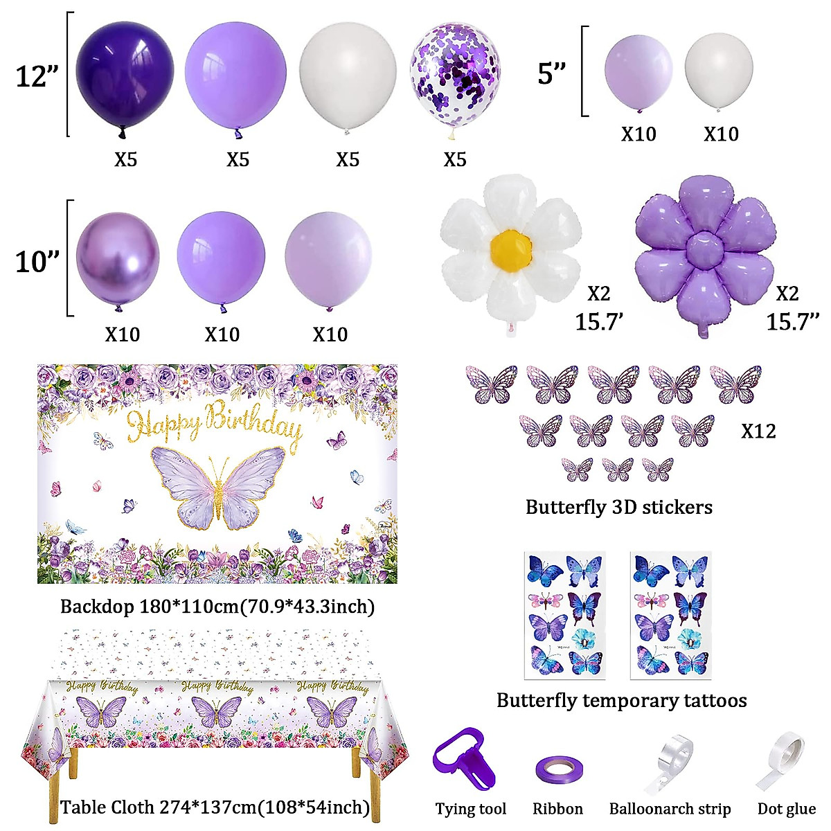 Butterfly Party Decorations, Girls Birthday Themes Decorations with Purple Balloon Arch Kit Butterfly Photography Backdrop Banner and Tablecloth for Girls Women Butterfly Birthday Decor