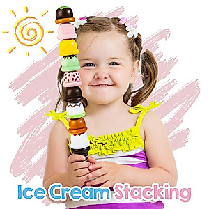 Wooden Ice Cream Toy for Kids, 33 PCS Pretend Play Food for Toddlers 3-5 Portable Ice Cream Stacking Toy, Montessori Toddler Toy Kitchen Playset Gift for Ages 3+