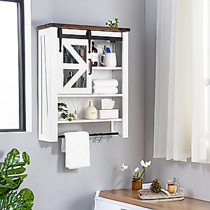 JoanKaren Bathroom Cabinet Wall Mounted with Towel Bar, Over Toilet Cabinet, Medicine Cabinet with Sliding Door Adjustable Shelves, Hanging Storage Cabinets for Bathroom Laundry Room Kitchen, White