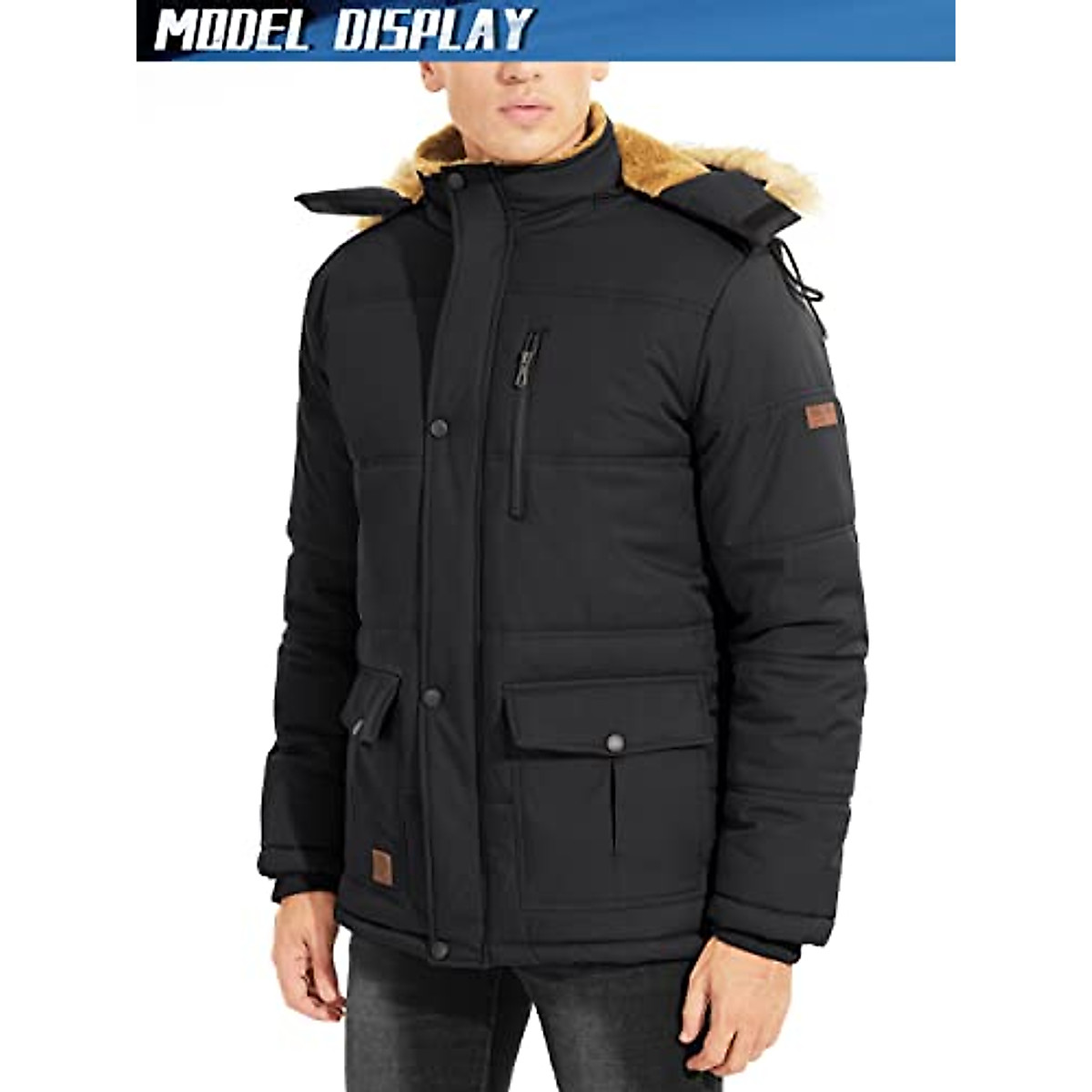TACVASEN Men's Winter Jacket with Hood Water Repellent Windproof Fleece Parka Coat Black, M