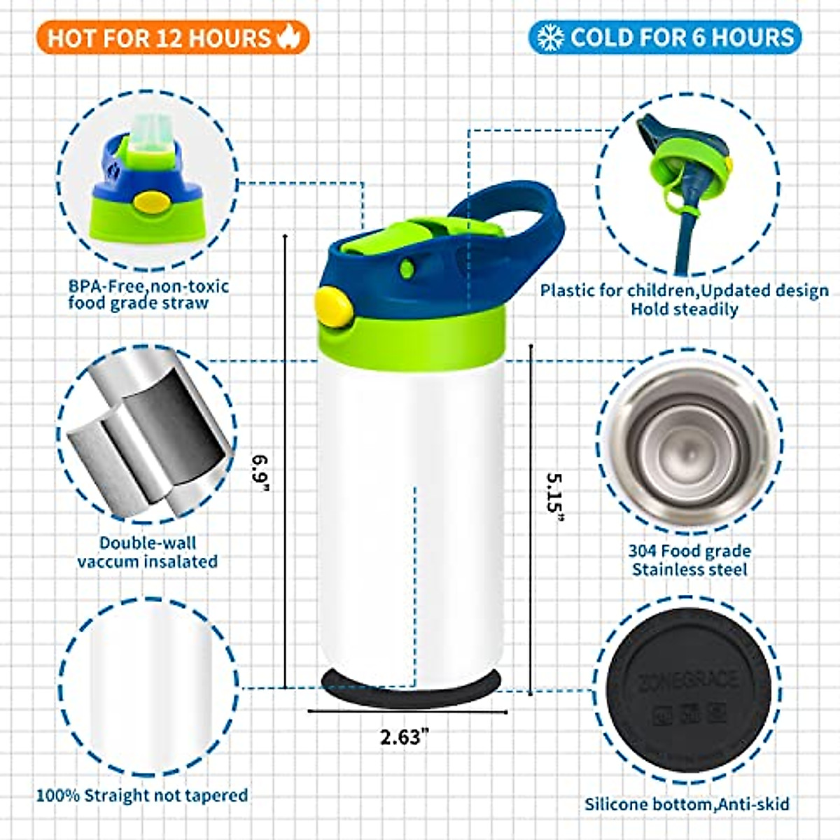 ZONEGRACE 12oz Sublimation Tumbler Bulk For Children,Toddlers,Heat Press For Print, Kids Sublimation Tumbler Cups With Handle, Straight Double Wall Kids Sublimation Water Bottle Blanks (5 Pack)