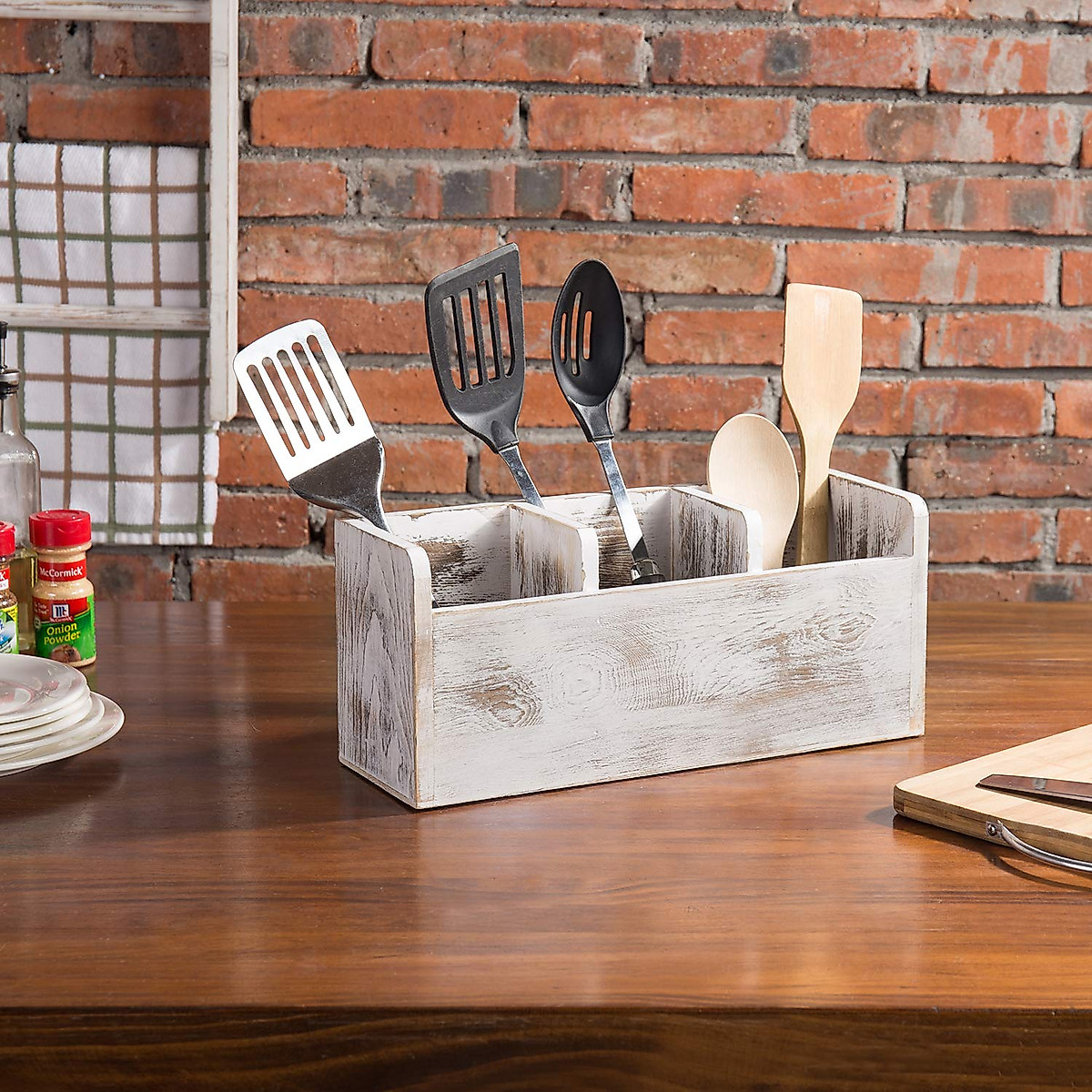 MyGift Whitewashed Wood Utensil Holder, Wooden Silverware Flatware Caddy with 3 Compartments, Countertop Cooking Utensil Storage Crock