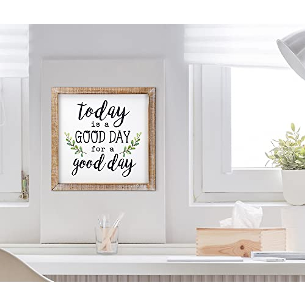 SANY DAYO HOME Today is A Good Day to Have A Good Day Inspirational Sayings Wall Decor Signs 12 x 12 inch Rustic Wood Framed Modern Farmhouse Wall Hanging Art (with Leaves)