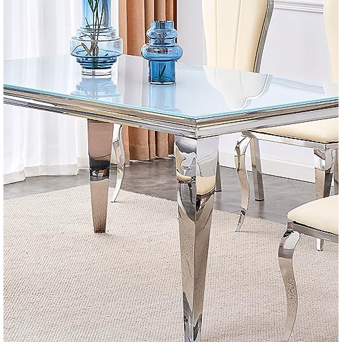 Nicemoods Modern Style Dining Table with Contemporary Tempered Contemporary White Glass Top S-Shaped Pedestal,Kitchen Table with Silver Stainless Steel Pedestal Base 59" Lx35.4 Wx29.5 H, Silver