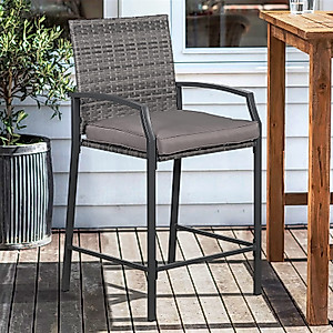 JOIVI Outdoor Wicker Bar Stools Set of 4, Patio Rattan Counter Height Chairs with Cushions, Armrest and Footrest for Indoor, Garden, Poolside, Lawn, Backyard