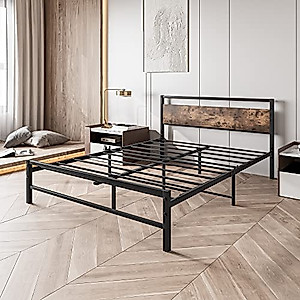 FOUBAM Queen Bed Frame with Wood Headboard,Heavy Duty Platform Bed Frames with Storage No Box Spring Needed,Reinforced Steel Square Pipe Mattress Foundation Noise Free,Black and Rustic Brown