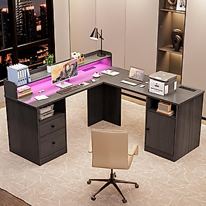 MU L Shaped Desk with LED Lights & Power Outlets, 60" Corner Computer Desk with File Drawers & Monitor Stand, Wood Home Office Desk with Storage Cabinet, Grey