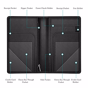 Fintie Server Book Organizer with Zipper Pocket, PU Leather Restaurant Guest Check Presenters Card Holder for Waitress, Waiter, Bartender (Black)