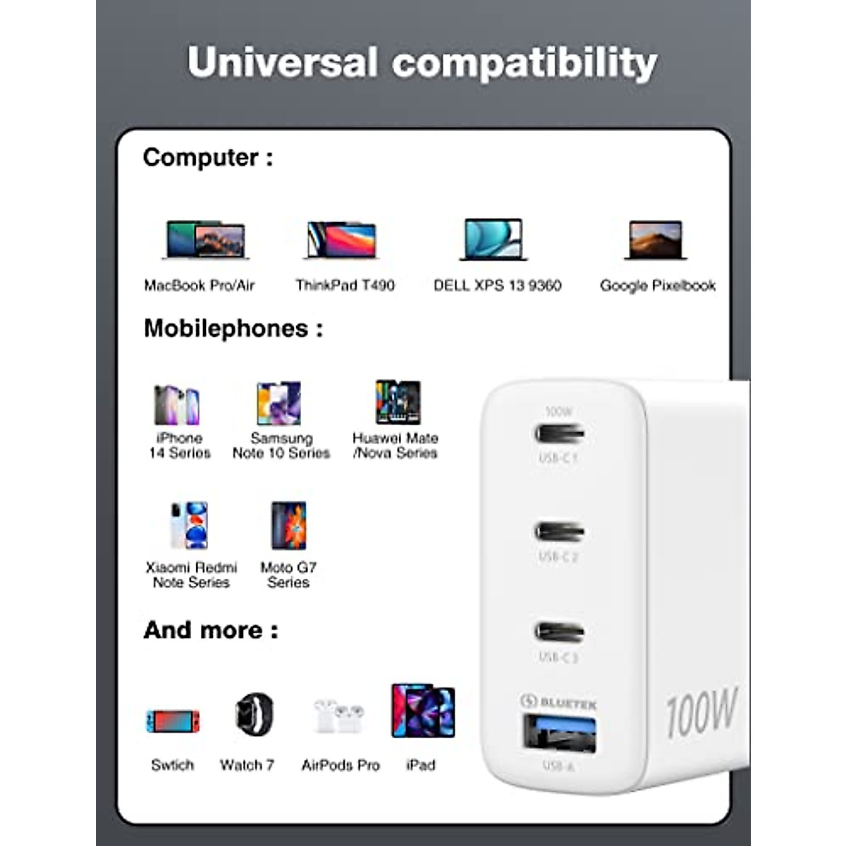 100W USB C Wall Charger, TECKNET GaN Ⅲ Portable USB-C Fast Charger Block with Type C Cable, PD Power Adapter for iPhone 14/14 Pro, MacBook Pro, iPad, AirPods, Dell XPS, Pixel, Samsung, PS5, Switch