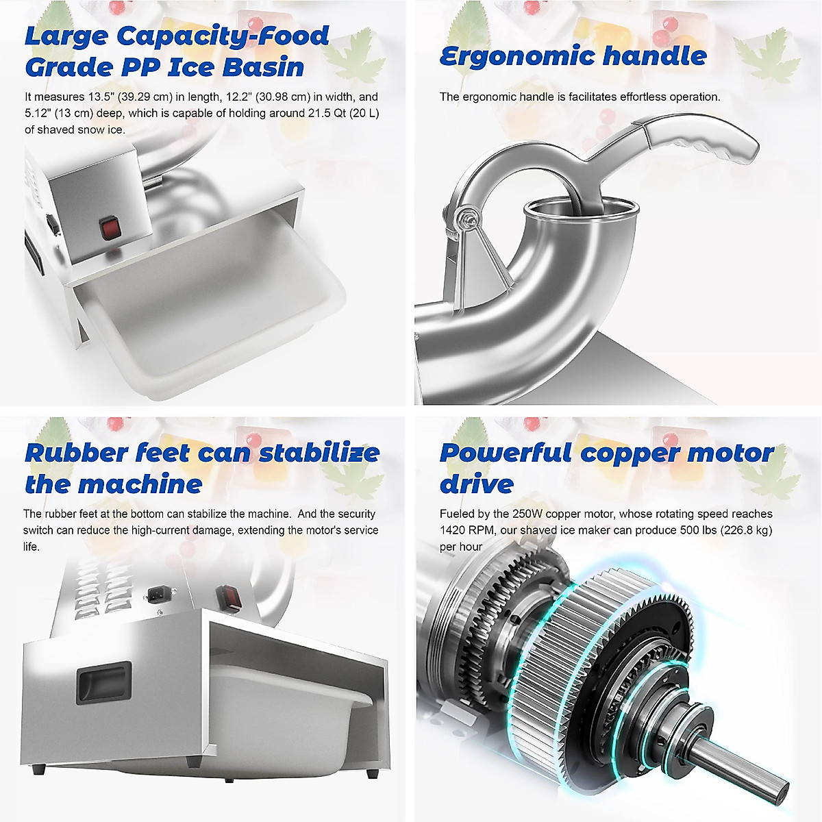 DYTREND Snow Cone Machine, 110V Shaved Ice Machine, ETL Approved 250W Electric Ice Shaver Machine with Dual Blades, Stainless Steel Snow Cone Maker Machine for Home, Commercial