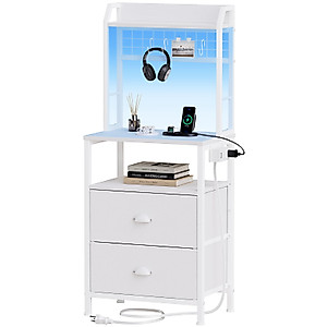 Furologee Tall Nightstand with Charging Station & LED Lights, 41'' Bedside Table with 2 Drawers & Pegboard, White Night Stand with Hooks & Folders, End Table with Shelves for Bedroom/Living Room