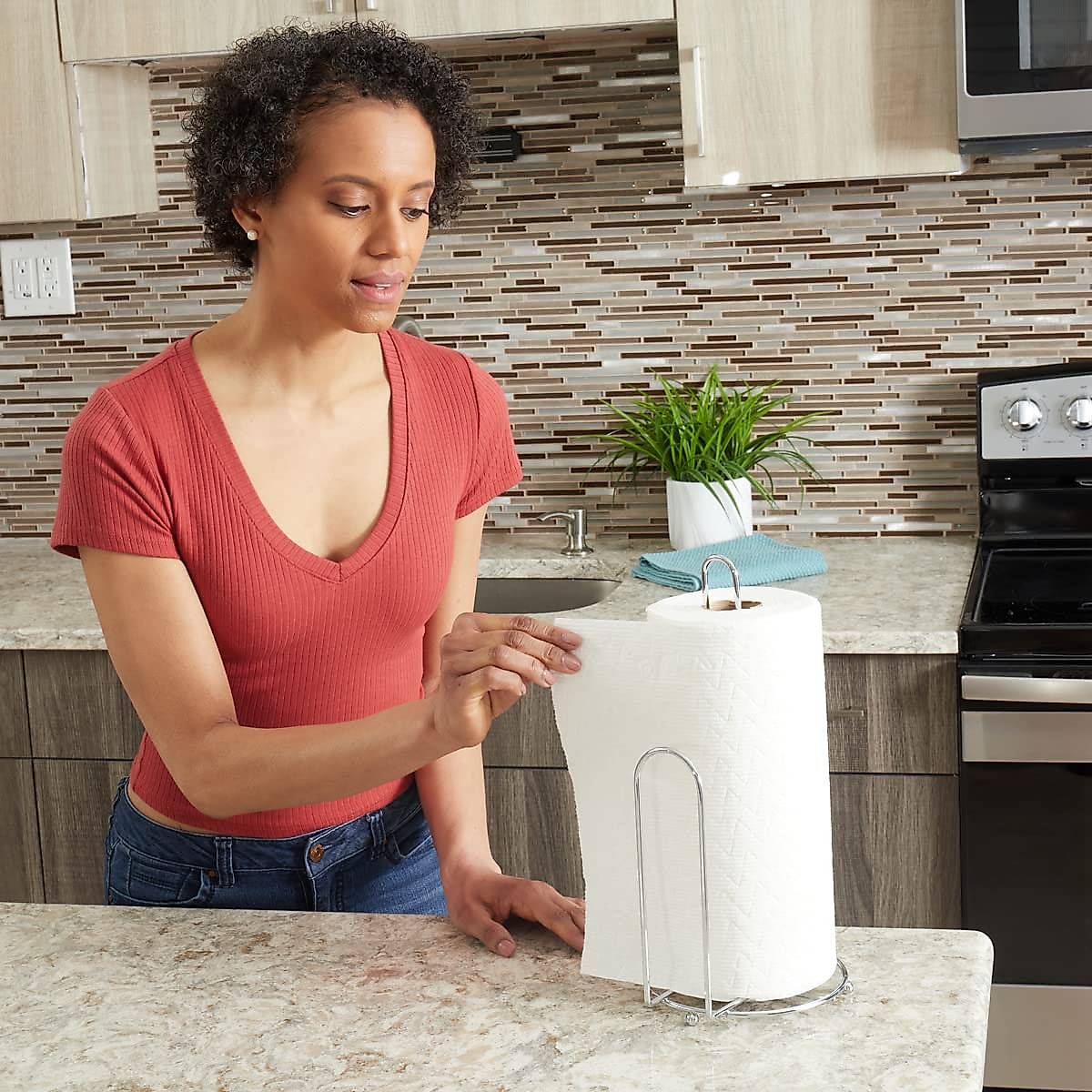 Free-Standing Paper Towel Holder with Easy-Tear Arm (Chrome), by Home Basics | Countertop Paper Towel Holder with Non-Skid Feet | Kitchen Paper Towels Holder