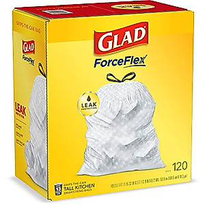 GLAD ForceFlex Tall Drawstring Trash Bags, 13 Gallon White Trash Bags for Tall Kitchen Trash Can, Unscented Leak Protection Bags, 120 Count - Packaging May Vary
