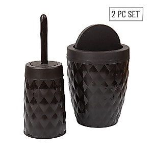 Mind Reader Basket Collection, Round Wastepaper Basket with Swivel Lid and Toilet Brush Set, Bathroom, 2 Piece Set, Bin is 8.75"W x 11.25"H and the brush is 15.25" H, 8.75"L x 8.75"W x 11.25"H, Brown