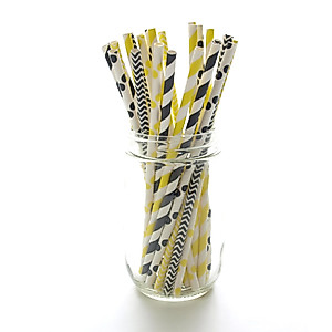 Bumblebee Paper Straws, Black & Yellow Drinking Straws (25 Pack) - Summer Honey Bee Party Supplies - Stripe, Polka Dot, Chevron Straws