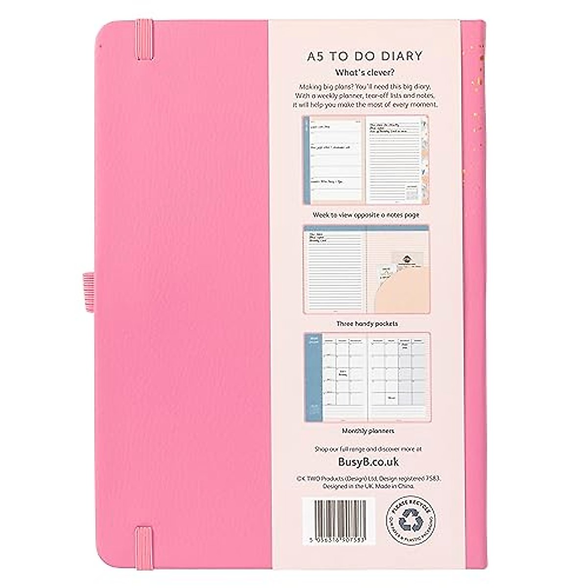 Busy B A5 To Do Diary January to December 2024 - Pink - Faux Leather Week to View Diary with Notes, Tear-Out Lists & Pockets