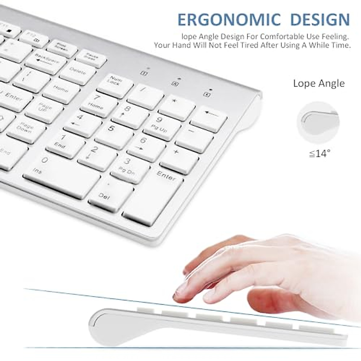 Wireless Keyboard and Mouse, USB Slim Compact Keyboard with Number pad, Ergonomics Quiet Keyboard Mouse for Laptop Computer PC Mac Windows, White Silver