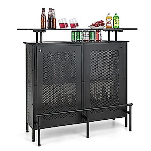 Giantex 4-Tier Home Bar Unit, Home Bar Cabinet w/ 2 Wine Storage Shelves & 6 Stemware Holders, Metal Front & Footrest, 7 Adjustable Feet, Industrial Metal Wine Bar Table for Kitchen, Pub, Black