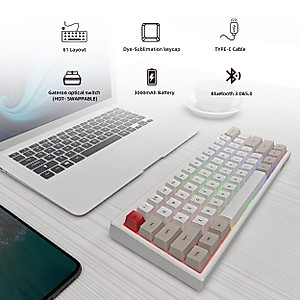 Ractous RTK61BP 60% Wireless Mechanical Gaming Keyboard,RGB Blacklit PBT Sublimation Keycaps 61keys Bluetooth5.1/Wried Gaming Keyboard for PC/Mac Gamers,Hot-Swap Gateron Optical Red Switch-White