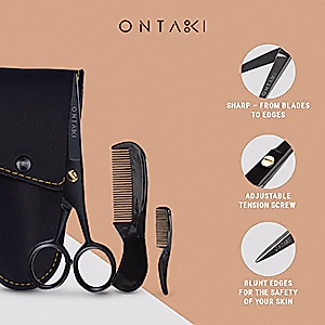 ONTAKI 5" Professional German Beard & Mustache Scissors With 2 Comb & Carrying Pouch for Men Hand Forged Bevel Edge For Precision - Perfect Men’s Facial Hair Grooming Kit All Body Facial Hair (Black)