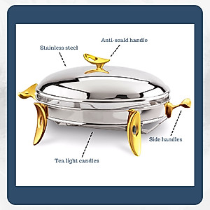 Rigeli Regent O2 Stainless Steel 3 Lt. Oval Warmer with Stainless Steel Cover, Chafing Dish, Buffet Servers, Gold, Silver