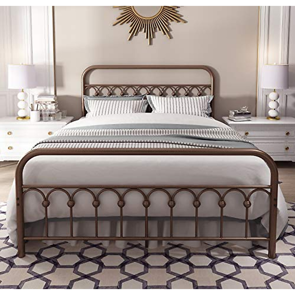 YALAXON Vintage Sturdy Queen Size Metal Bed Frame with Headboard and Footboard Basic Bed Frame No Box Spring Needed，Antique Brown.