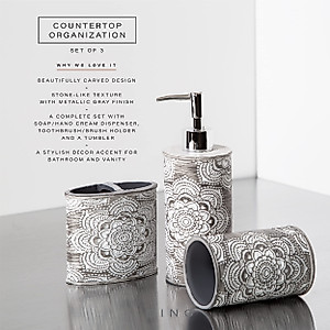 BINO Bathroom Accessories Set - Grey | Soap Dispenser | Toothbrush Holder | Tumbler | 3-Piece Bathroom Organizer Countertop Set | Bathroom Decor | Home Decor | Bathroom Set