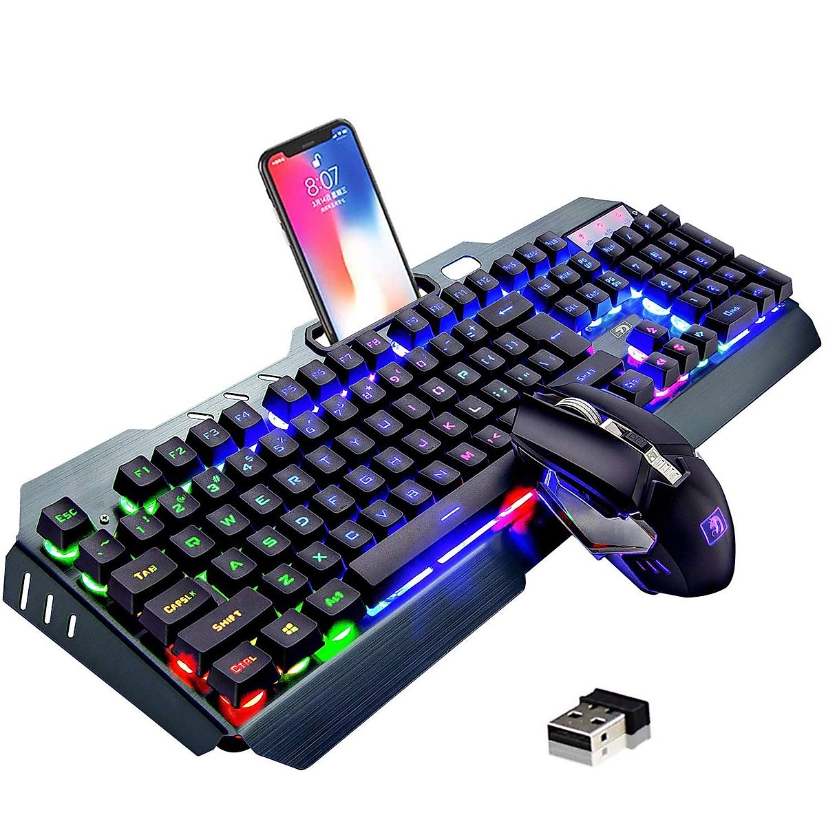 Wireless Gaming Keyboard and Mouse Combo, Rechargeable 16 Kinds RGB Backlit PC Gaming Keyboard Mouse w, Mechanical Feel Keyboard and 7 Color Gaming Mute Mouse for Windows Computer Gamers (Black)