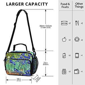 Qilmy Van Gogh Iris Painting Lunch Bag Insulated Waterproof Reusable Lunch Tote Bag with Detachable Shoulder Strap, Zipper Lunch Box for School Office Travel Picnic