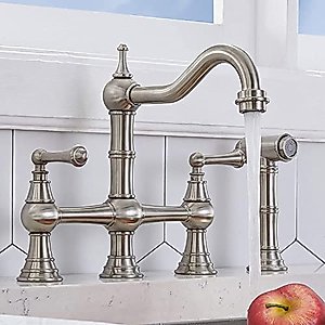 VCCUCINE Bridge Kitchen Faucet, 4 Hole Kitchen Faucet with Side Sprayer, Antique Brass 8 Inch Centerset 2 Handle Farmhouse Sink Faucet, Stainless Steel Kitchen Faucets for Sink 3 Hole