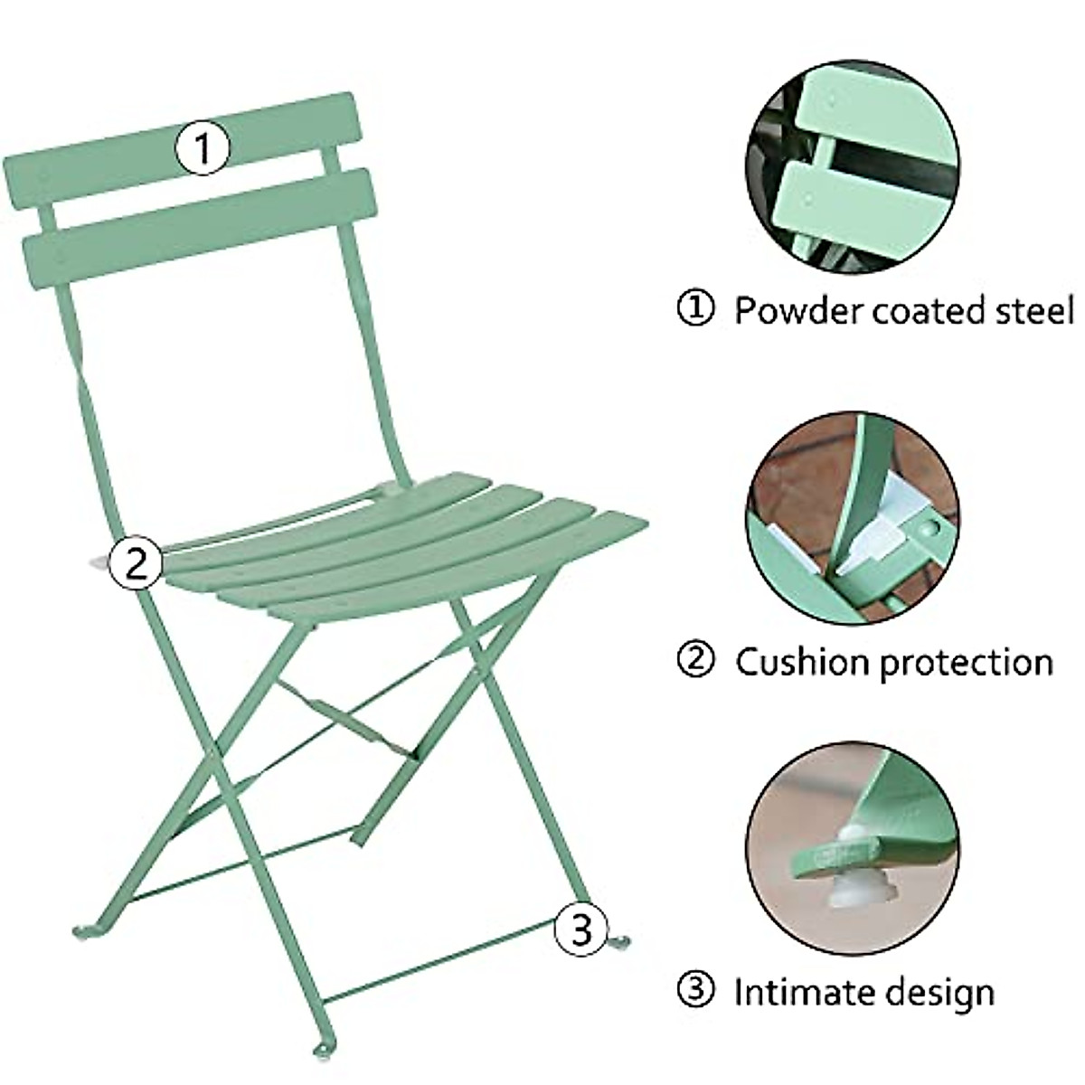 Grand patio 3pc Metal Folding Bistro Set, 2 Chairs and 1 Table, Weather-Resistant Outdoor/Indoor Conversation Set for Patio, Yard, Garden-Pea Green