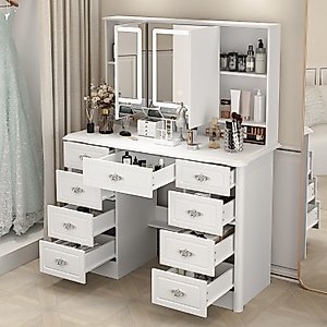 ECACAD Modern Makeup Vanity Desk with Lighted Mirror, Vanity Table Dressing Table with 9 Drawers, Hidden Shelves & Foldable Mirror, 3 Color Lighting Modes, Brightness Adjustable, White